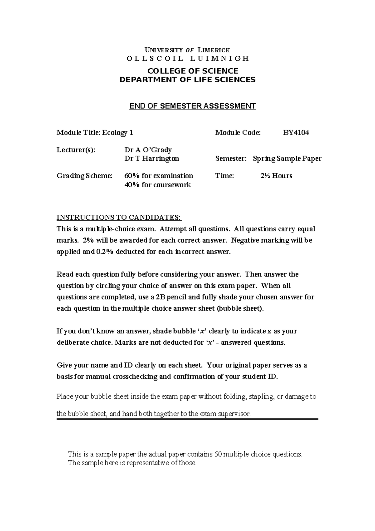 BY4104 Ecology 1 Sample Paper - End of Semester Assessment - Studocu
