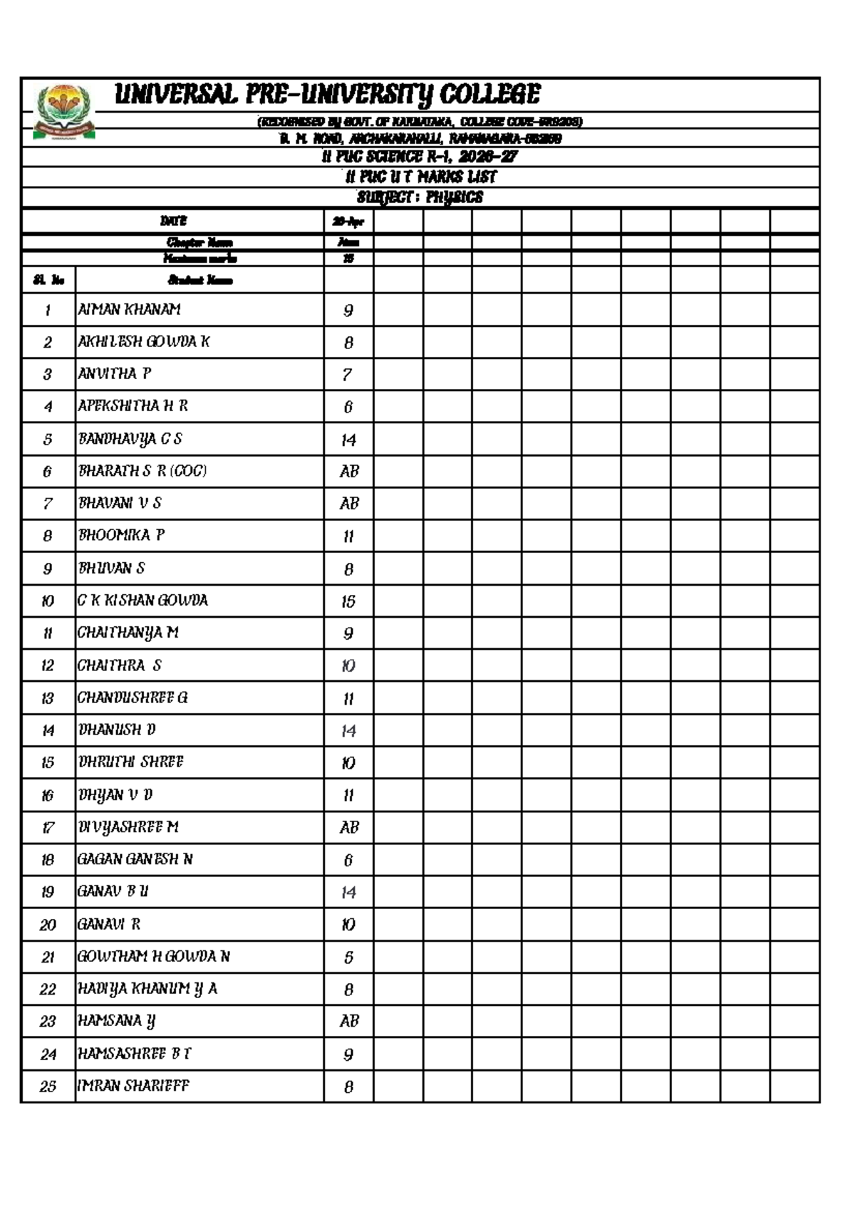 II PUC SCIENCE R-1, 2026-27: Physics Atom Unit Test Marks List - Studocu