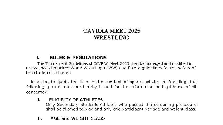 CAVRAA 2025 Wrestling Tournament Guidelines and Regulations - Studocu
