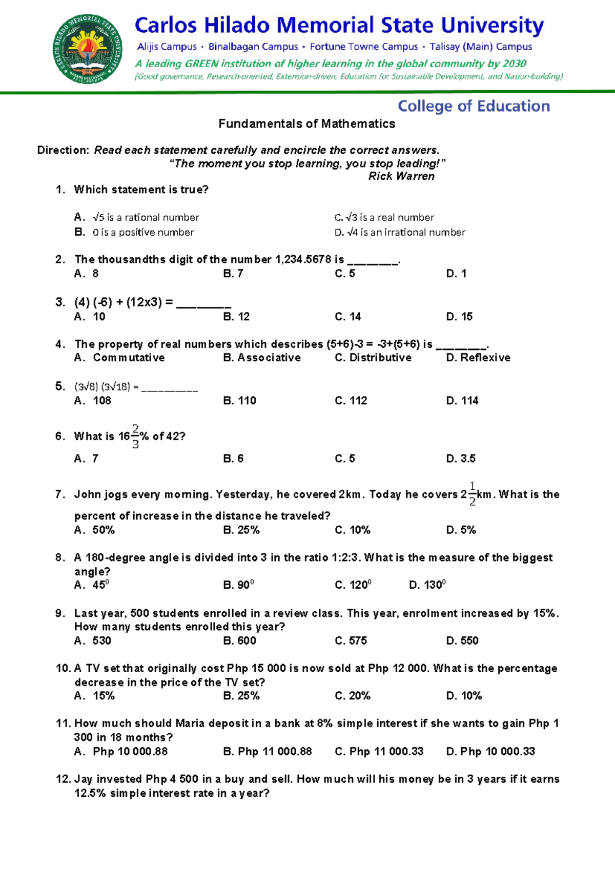 Fundamentals of Mathematics (MATH101) - Review Questions - Studocu