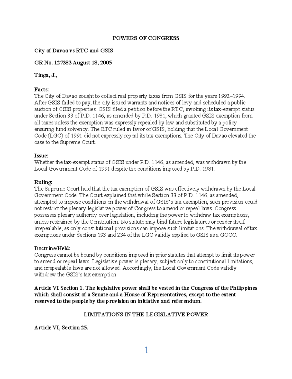 Powers of Congress: City of Davao vs RTC & GSIS Case Analysis (GR No ...