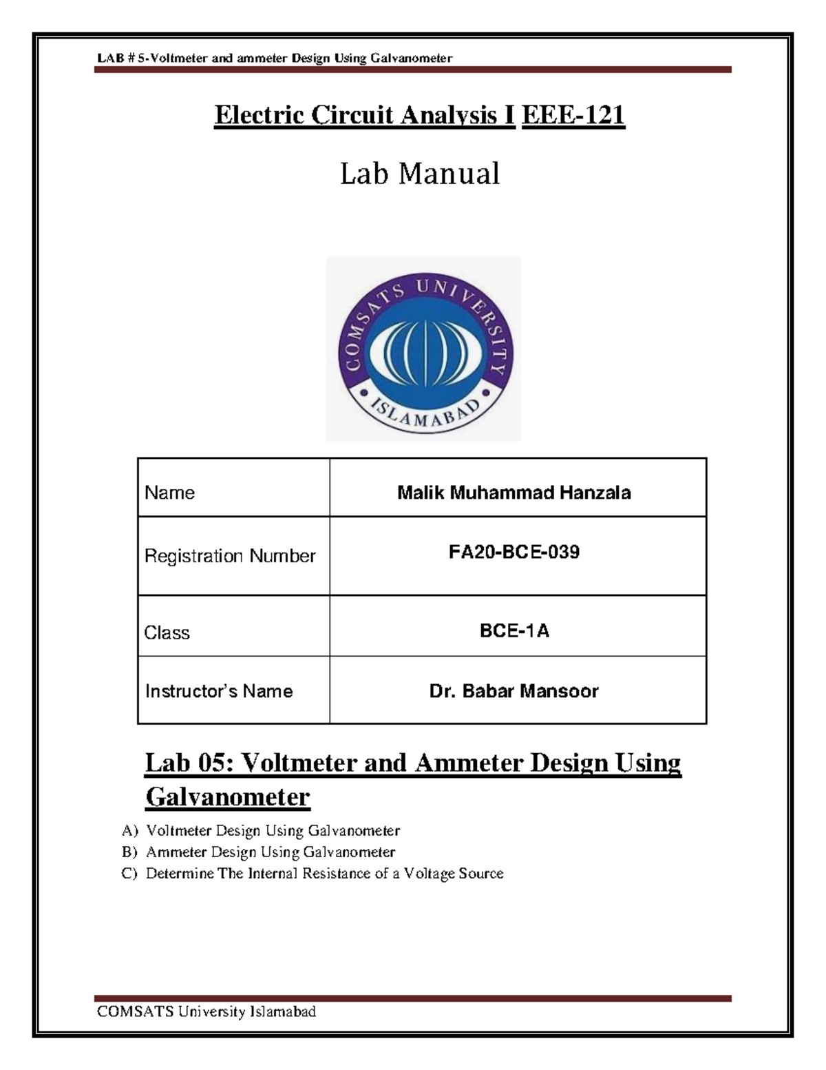 CPE121 Lab Report 05: Design of Voltmeter & Ammeter Using Galvanometer - Studocu
