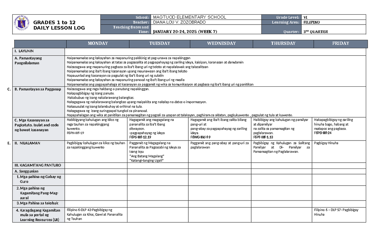 DLL Filipino 6 Q3 W7 - 3RD QUARTER DLL - GRADES 1 to 12 DAILY LESSON LOG School: MAGTUOD ...