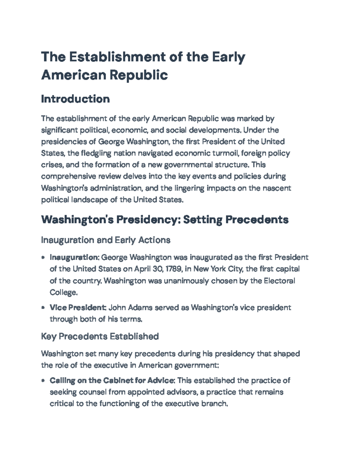 Establishment of the Early American Republic: Insights on Washington's ...
