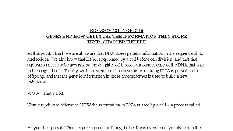 BIOLOGY 121: CHAPTER 15 - GENES & GENE EXPRESSION NOTES - Studocu