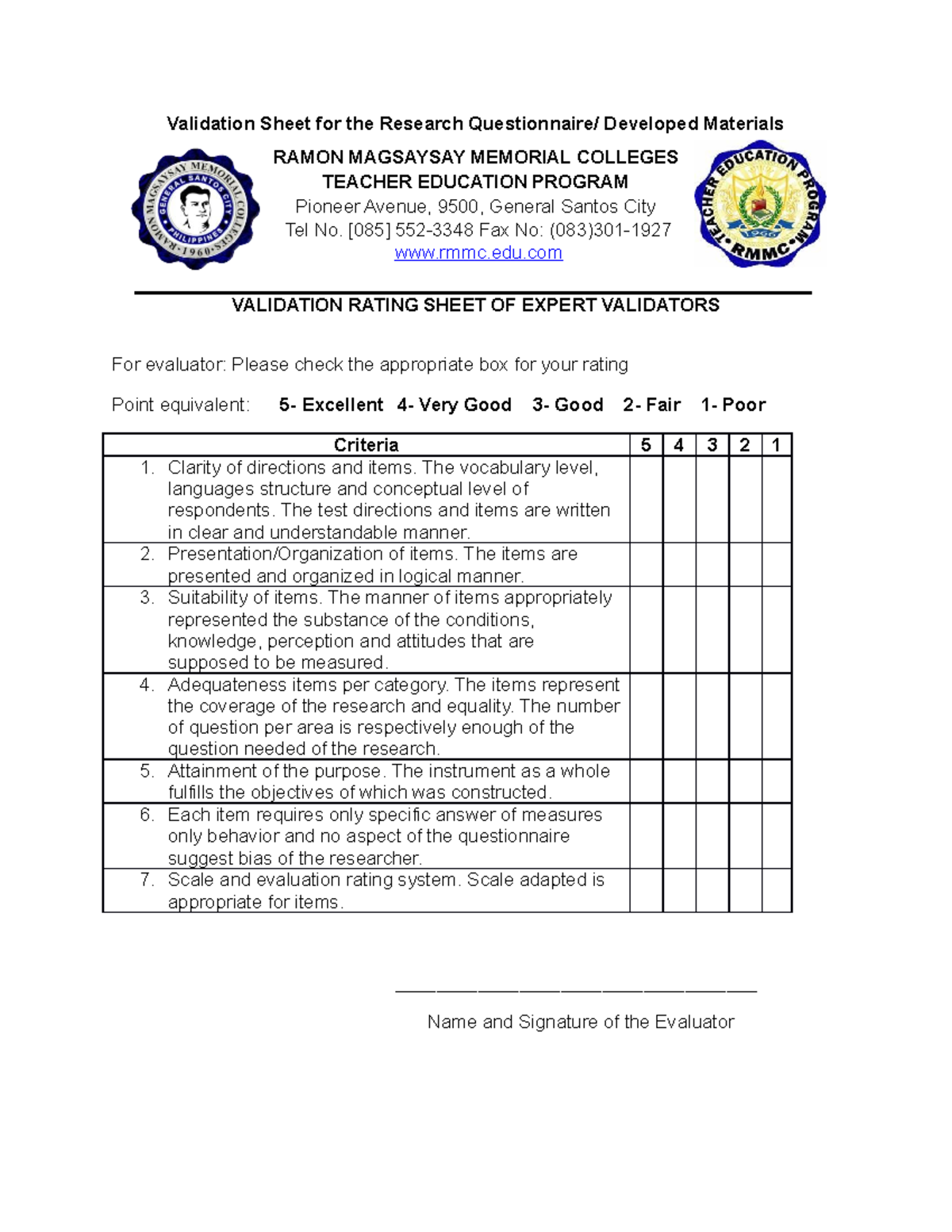 Research Questionnaire Validation Sheet - Teacher Ed Program - Studocu