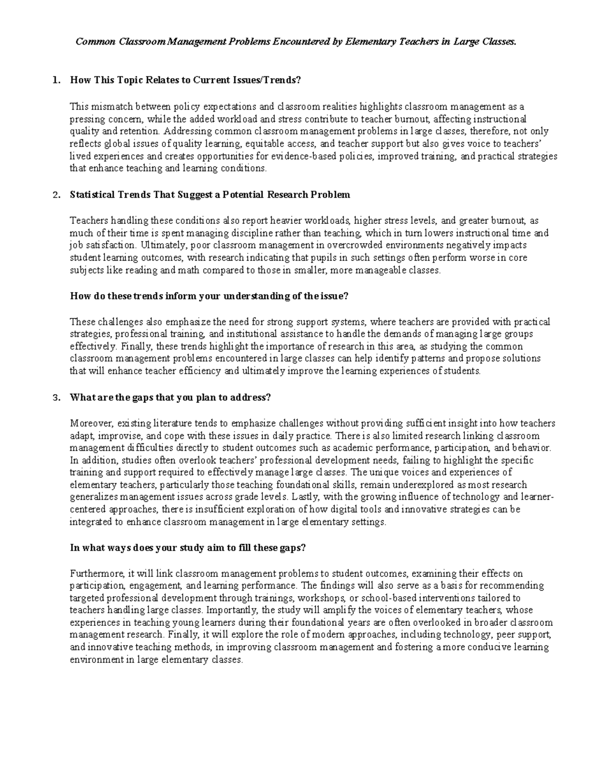Classroom Management Challenges in Large Elementary Classes: Insights ...