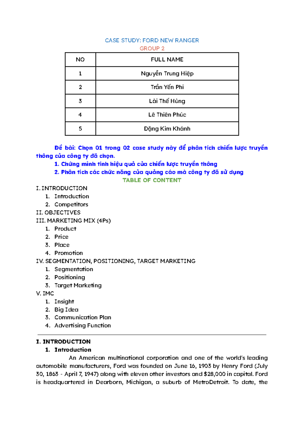 Group 2 - CASE Study - Tiểu luận marcom - CASE STUDY: FORD NEW RANGER ...
