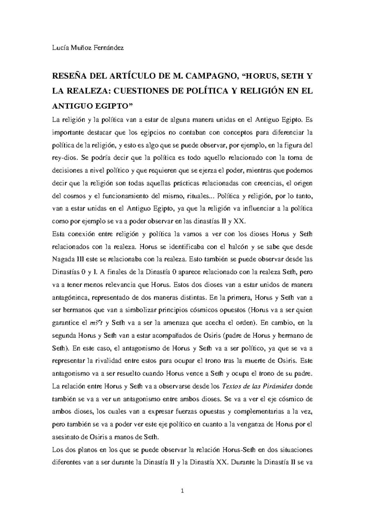 RESEÑA DEL ARTÍCULO SOBRE HORUS Y SETH EN EL ANTIGUO EGIPTO - Studocu