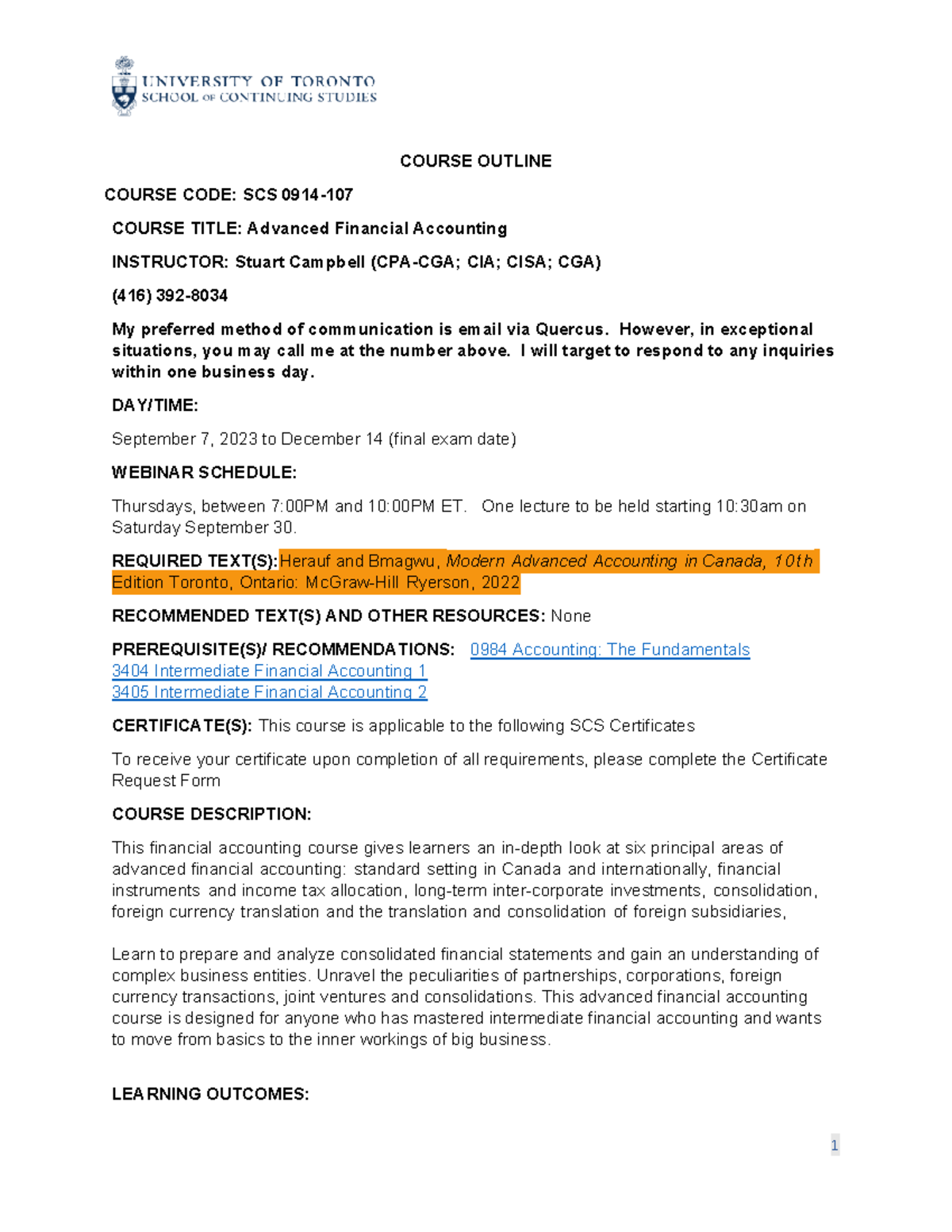 Advanced Financial Accounting Course Outline - SCS 0914-107 Autumn 2023 ...