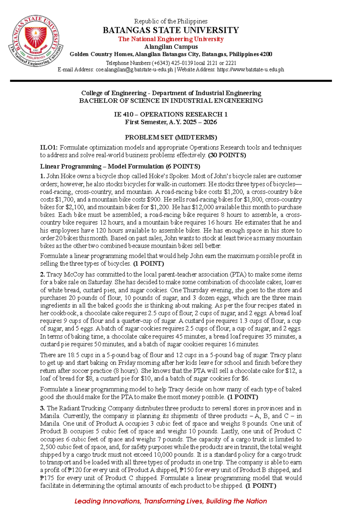 IE 410 - Operations Research 1 - Midterm Problem Set - Studocu