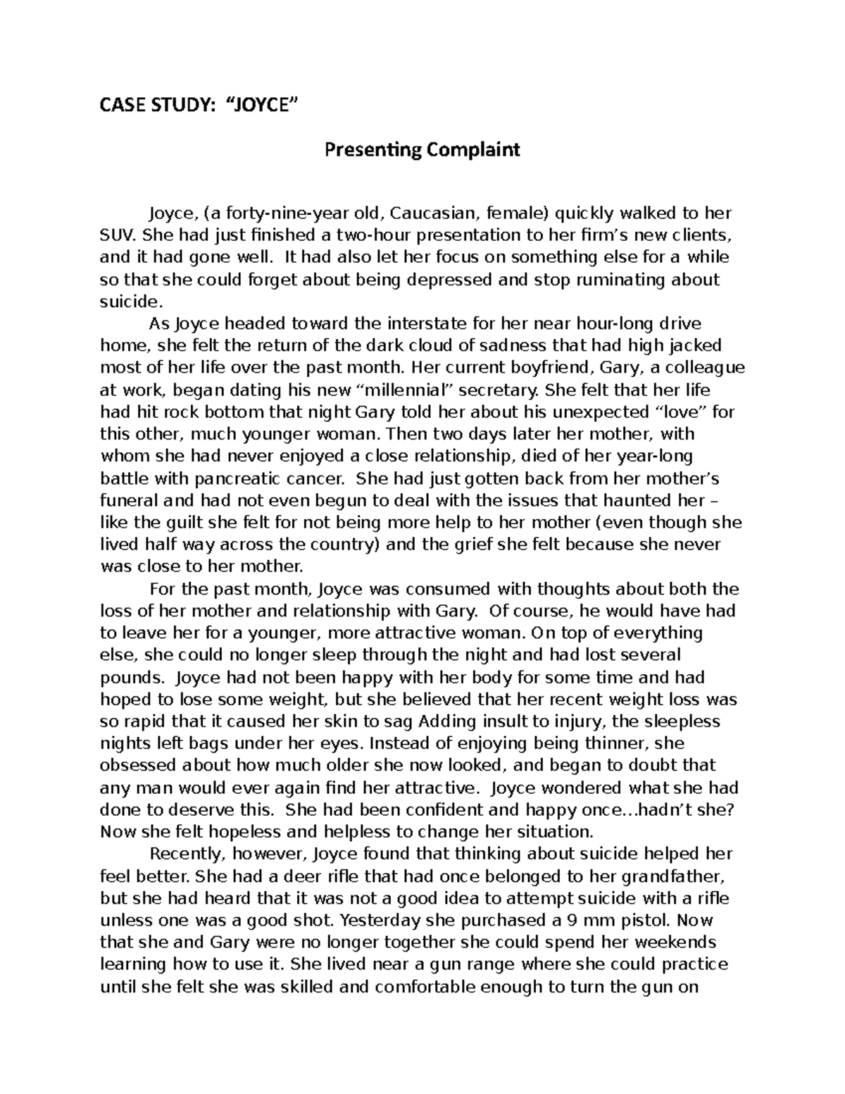 Joyce Depressive Disorder 2020 - CASE STUDY: “JOYCE” Presenting Complaint Joyce, (a forty-nine ...