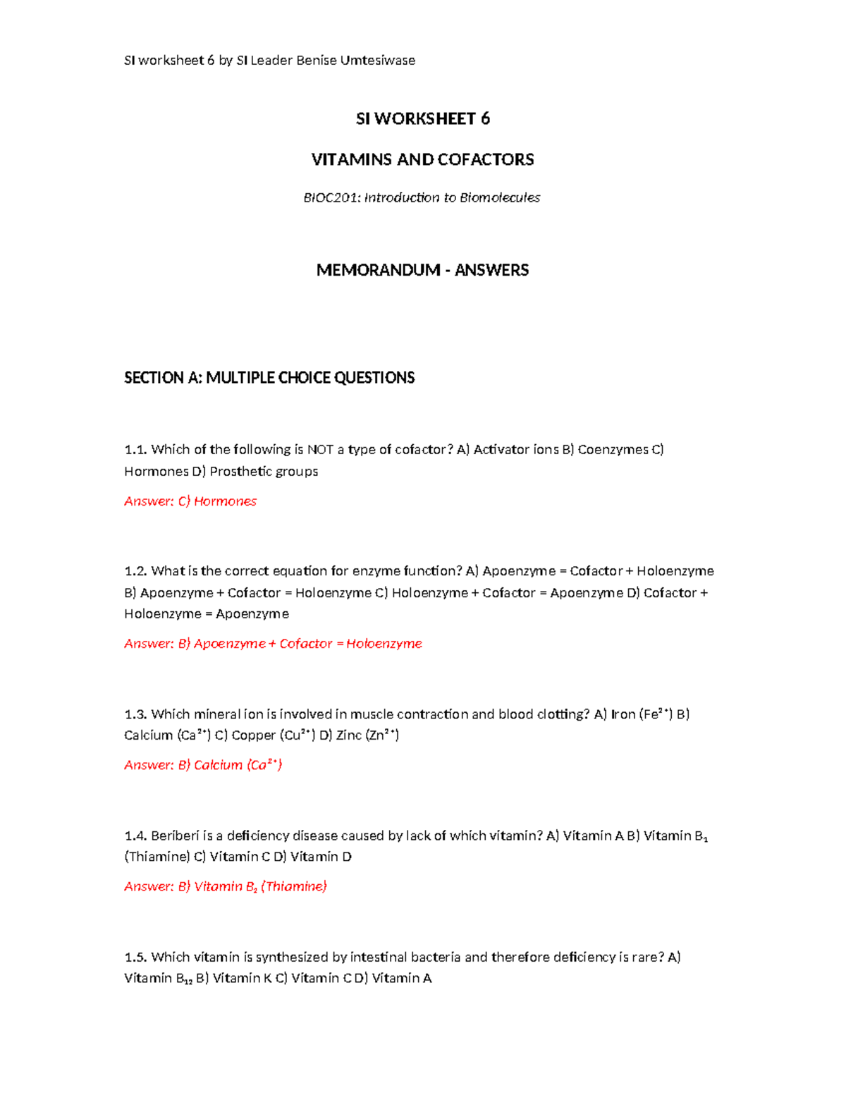 BIOL201: SI Worksheet 6 - Vitamins and Cofactors Memo by Benise ...