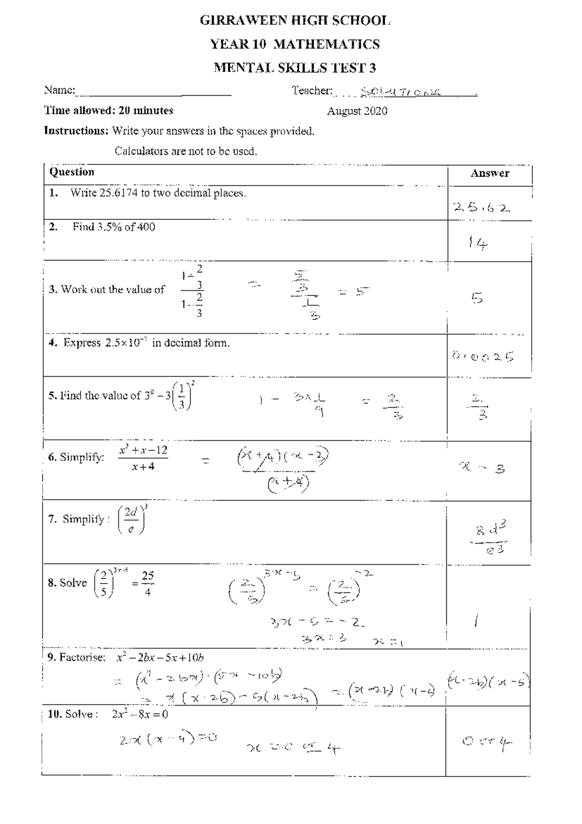 Year 10 Test 3 Solutions Explained & Step-by-Step Guide - Studocu