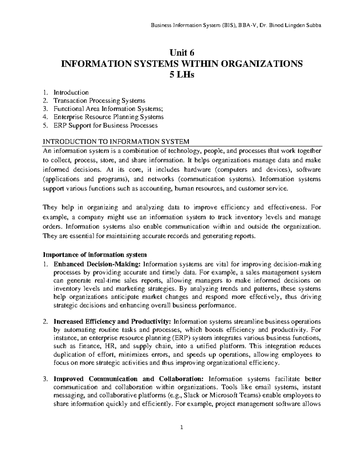 BBA V BIS Unit 6 - Information Systems in Organizations - Studocu