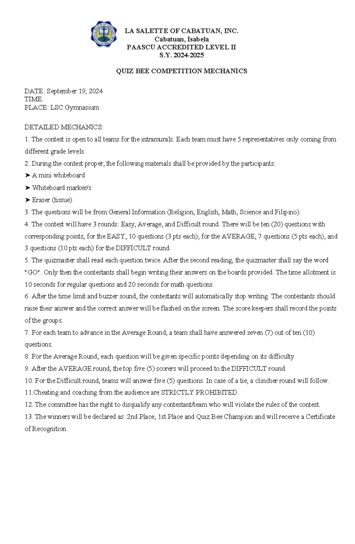 Intrams-QUIZ BEE Guide for Teachers: Contest Mechanics & Rules - Studocu