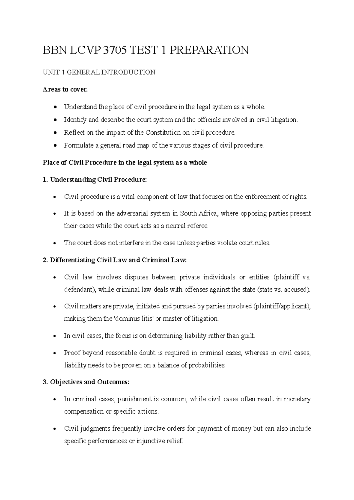LCVP 3705 TEST 1 Preparation: Key Concepts in Civil Procedure - Studocu