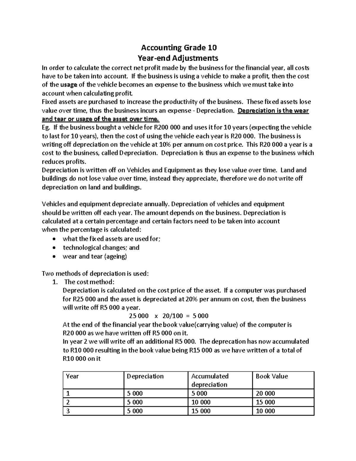 Accounting Grade 10: Understanding Depreciation Adjustments - Studocu