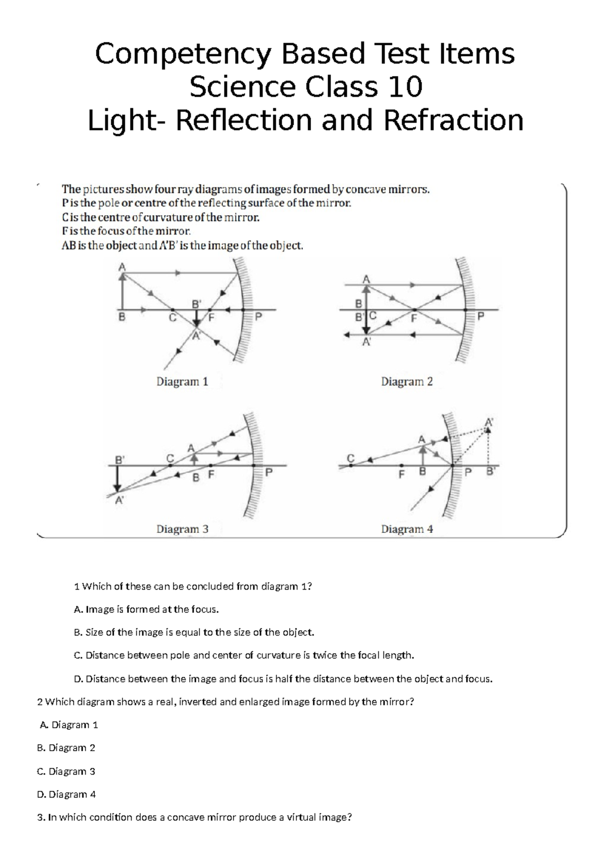 Competency Based Questions for Class 10 Physics on Light - Studocu