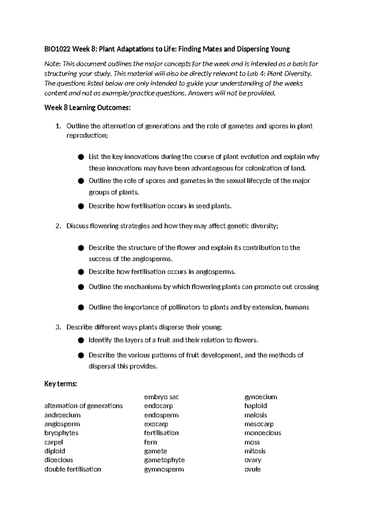 BIO1022 Week 8 Study Guide: Plant Adaptations & Reproduction Mechanisms ...