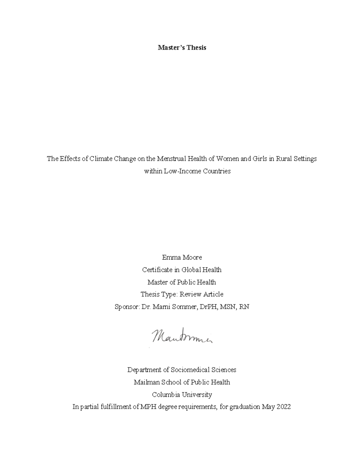 Emma Moore's MPH Thesis: Climate Change & Menstrual Health - Master’s ...