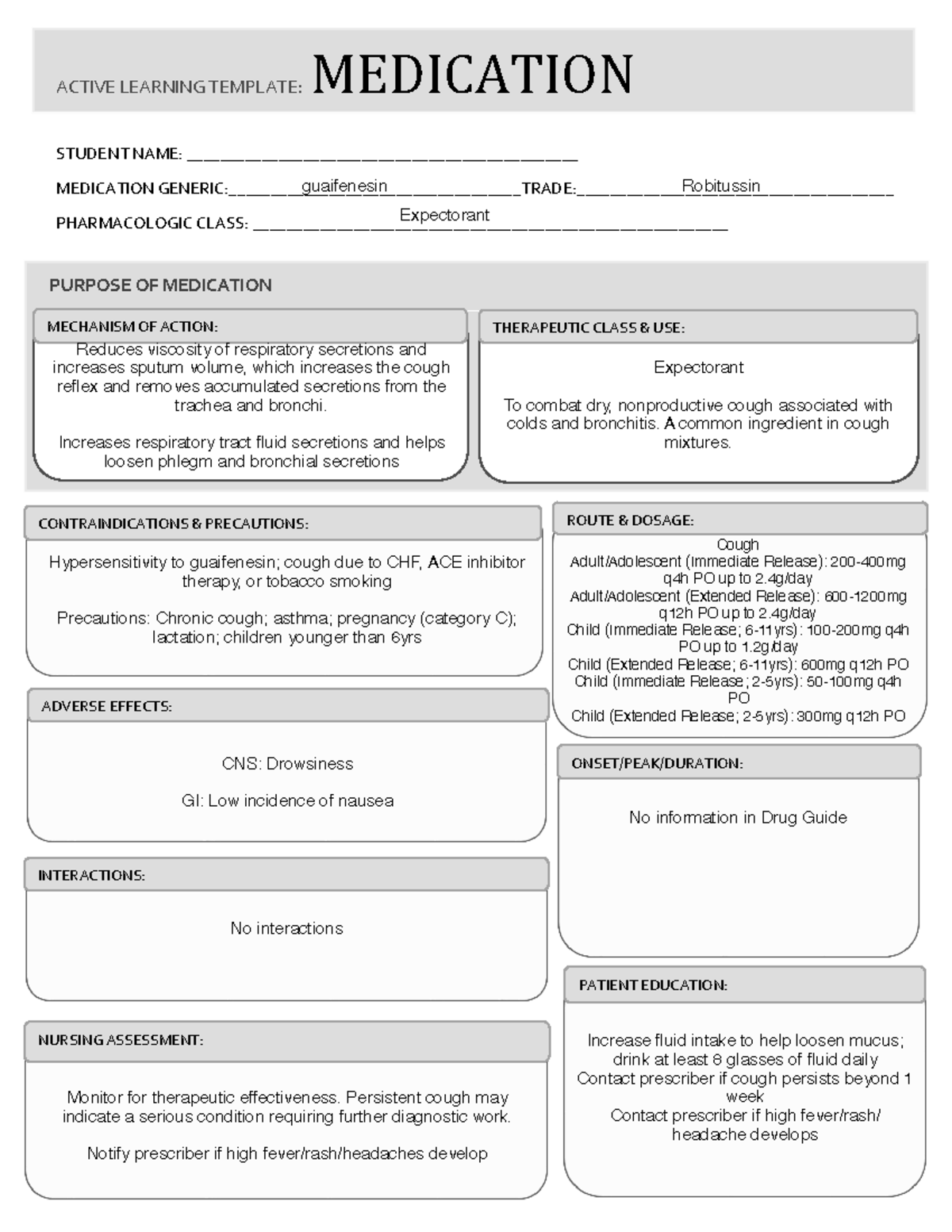 Medication Template - Robitussin Overview & Guidelines - Studocu