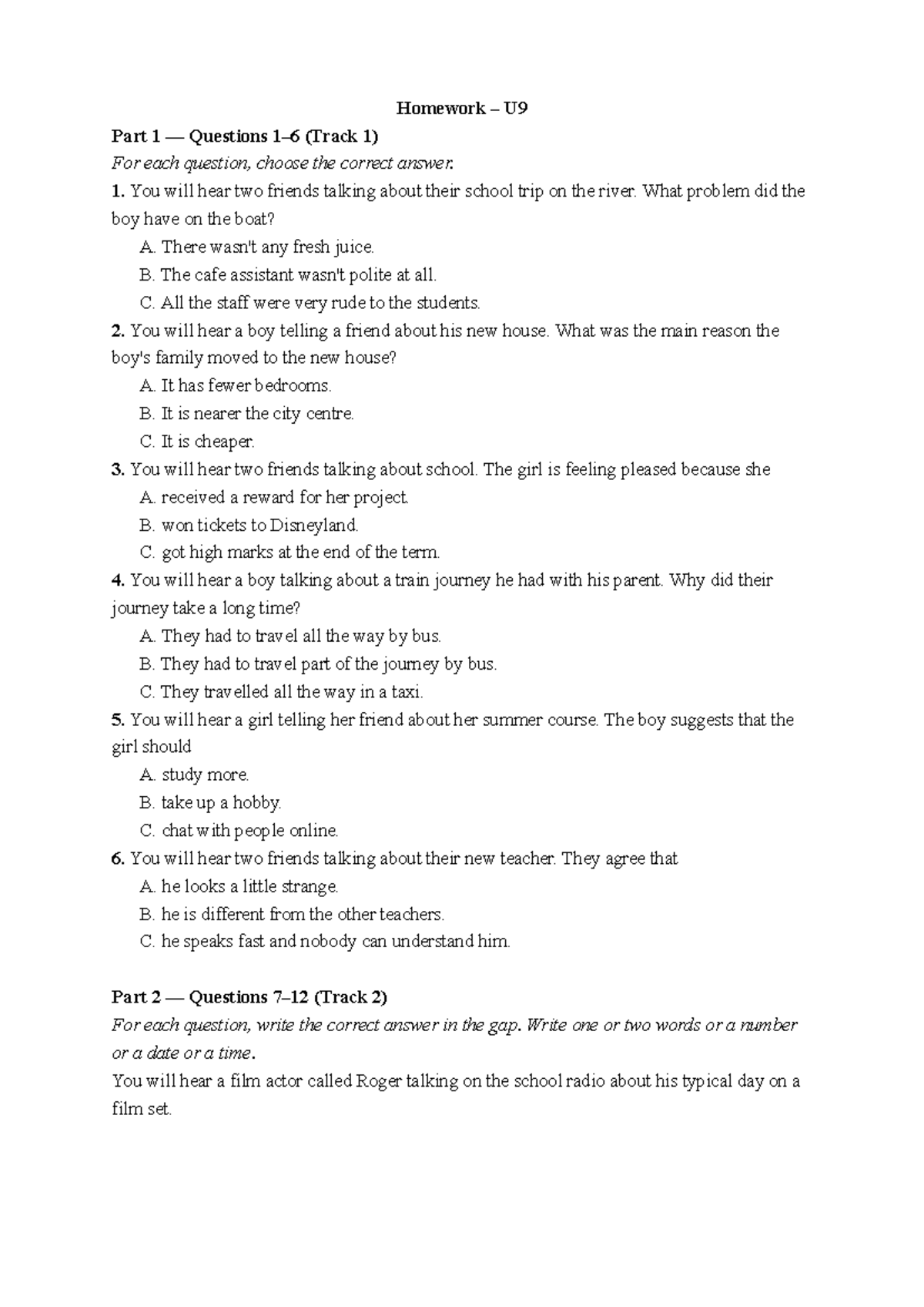 Homework U9 Part 1 & 2 Questions (Track 1 & 2) - Studocu