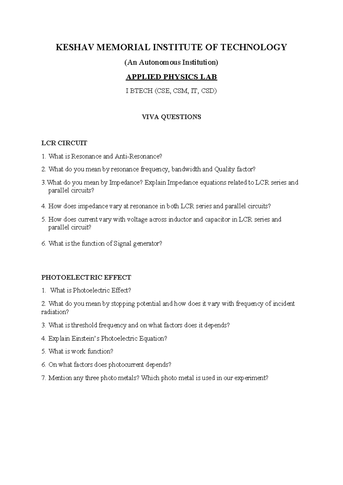 APPLIED PHYSICS LAB I BTECH (CSE, CSM, IT, CSD) VIVA QUESTIONS - Studocu