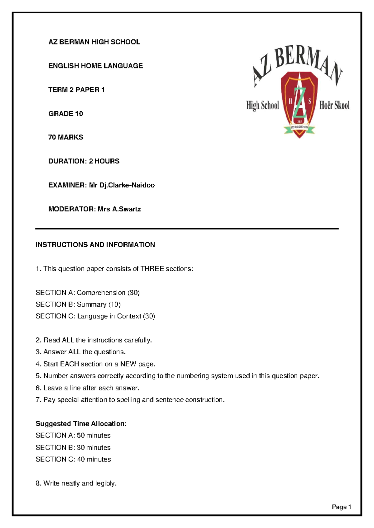 AZ Berman High School English HL Term 2 Exam Paper 1 - Grade 10 - Studocu