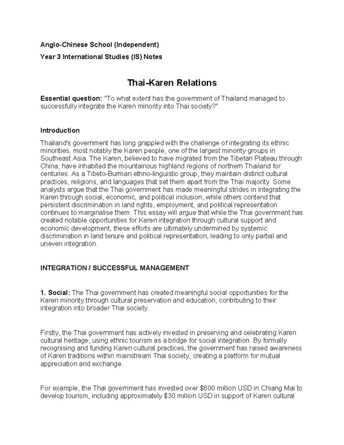 IS Year 3 International Studies: Karen Minority Integration Analysis ...
