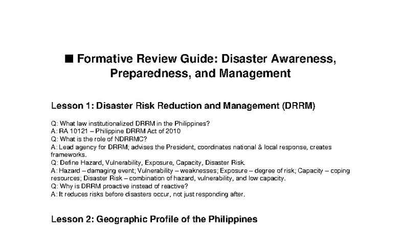 DRRM 101: Formative Review Guide on Disaster Awareness & Preparedness ...
