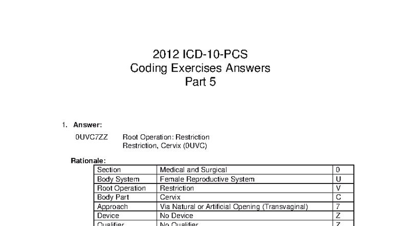 ICD-10-PCS Coding Exercises Answers Part 5: Medical Procedures ...