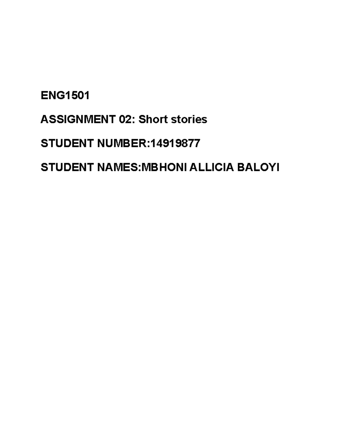 ENG1501 Assignment 02: Reflective Essay on Short Stories - Studocu