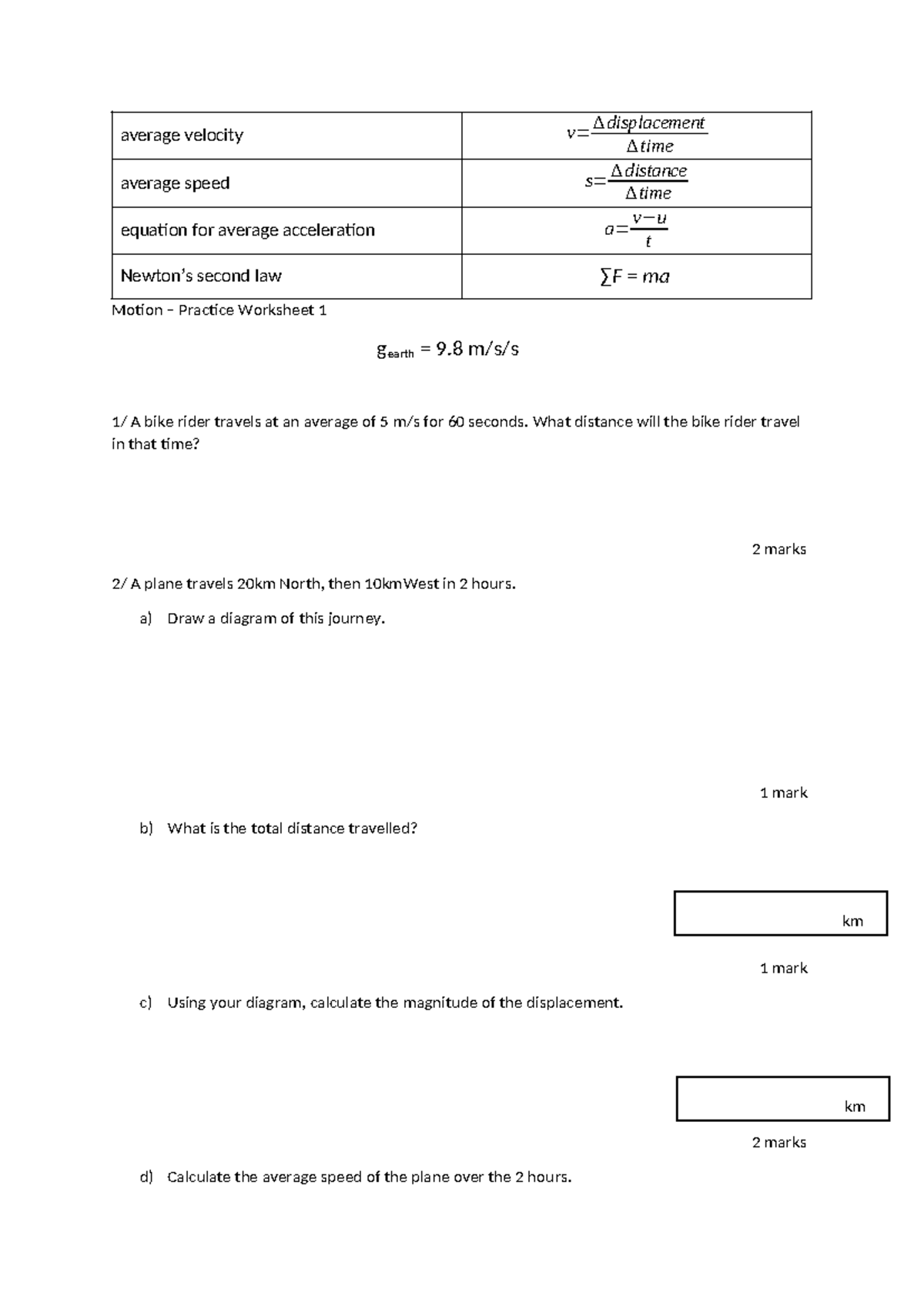 Motion Worksheet 1 - Displacement, Velocity & Acceleration Practice ...