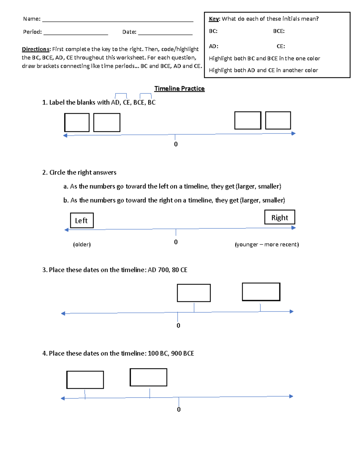 Timeline Practice Worksheet: Understanding BC, BCE, AD, CE - Studocu