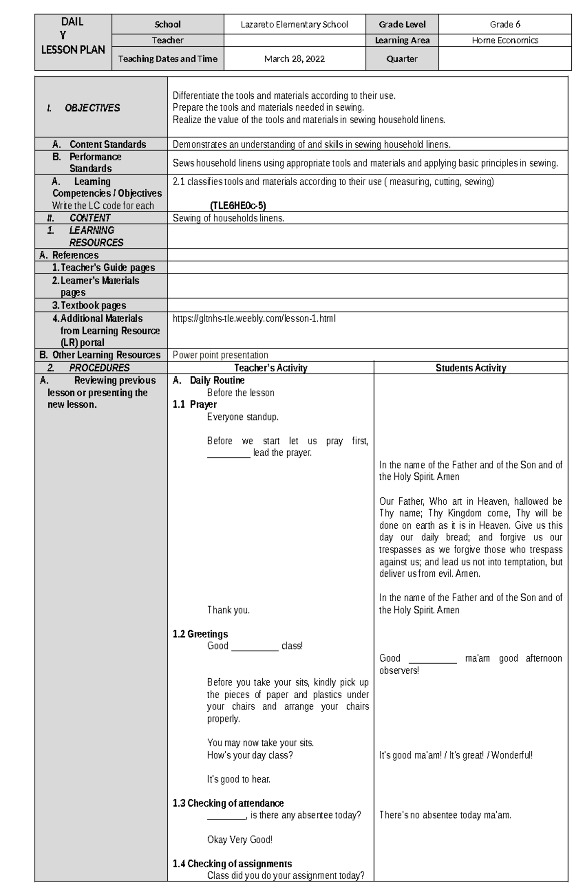 **TLE6HE0c-5 Lesson Plan: Sewing Household Linens for Grade 6** - Studocu