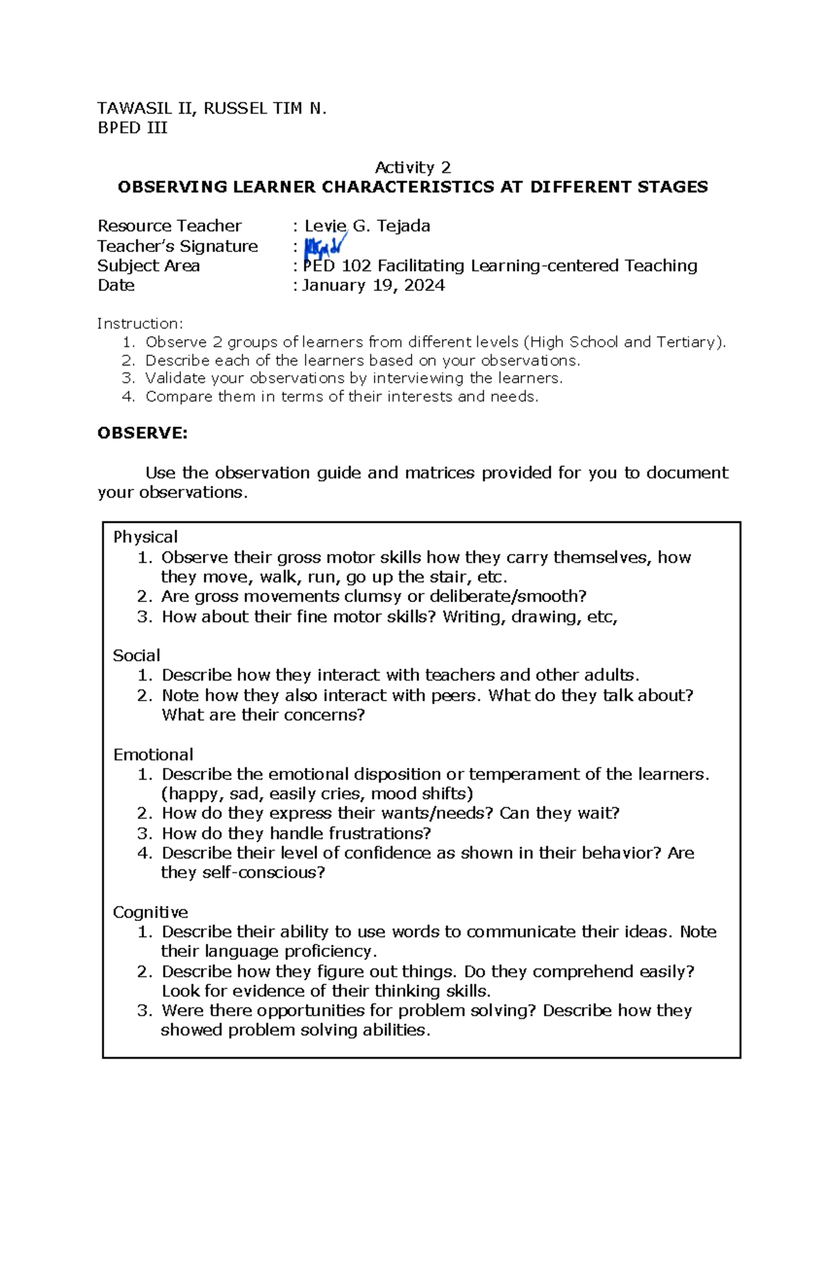 PED 102 Activity 2: Observing Learner Characteristics Across Levels ...
