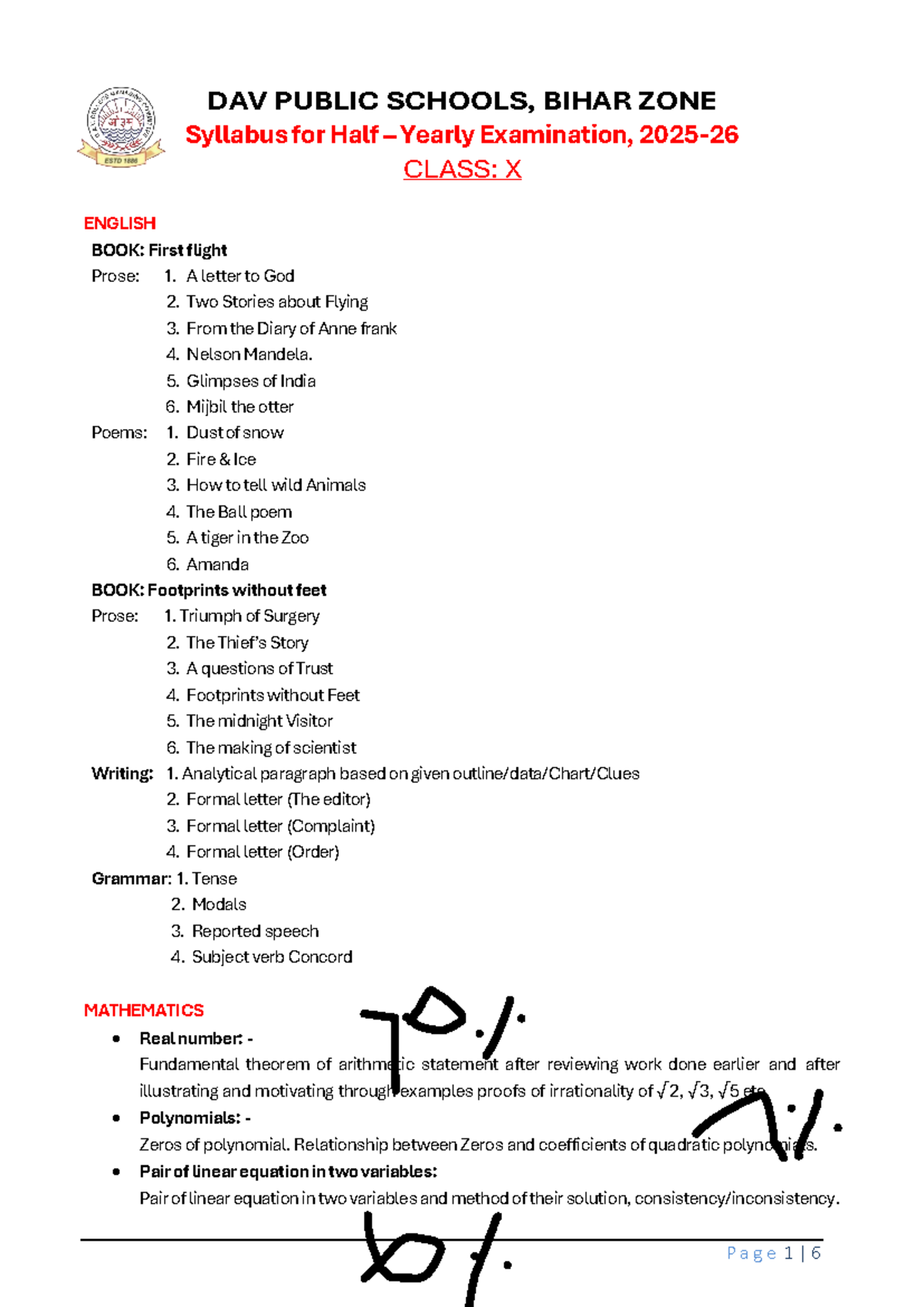 DAV PUBLIC SCHOOLS, BIHAR ZONE Class X Half Yearly Exam Syllabus - Studocu