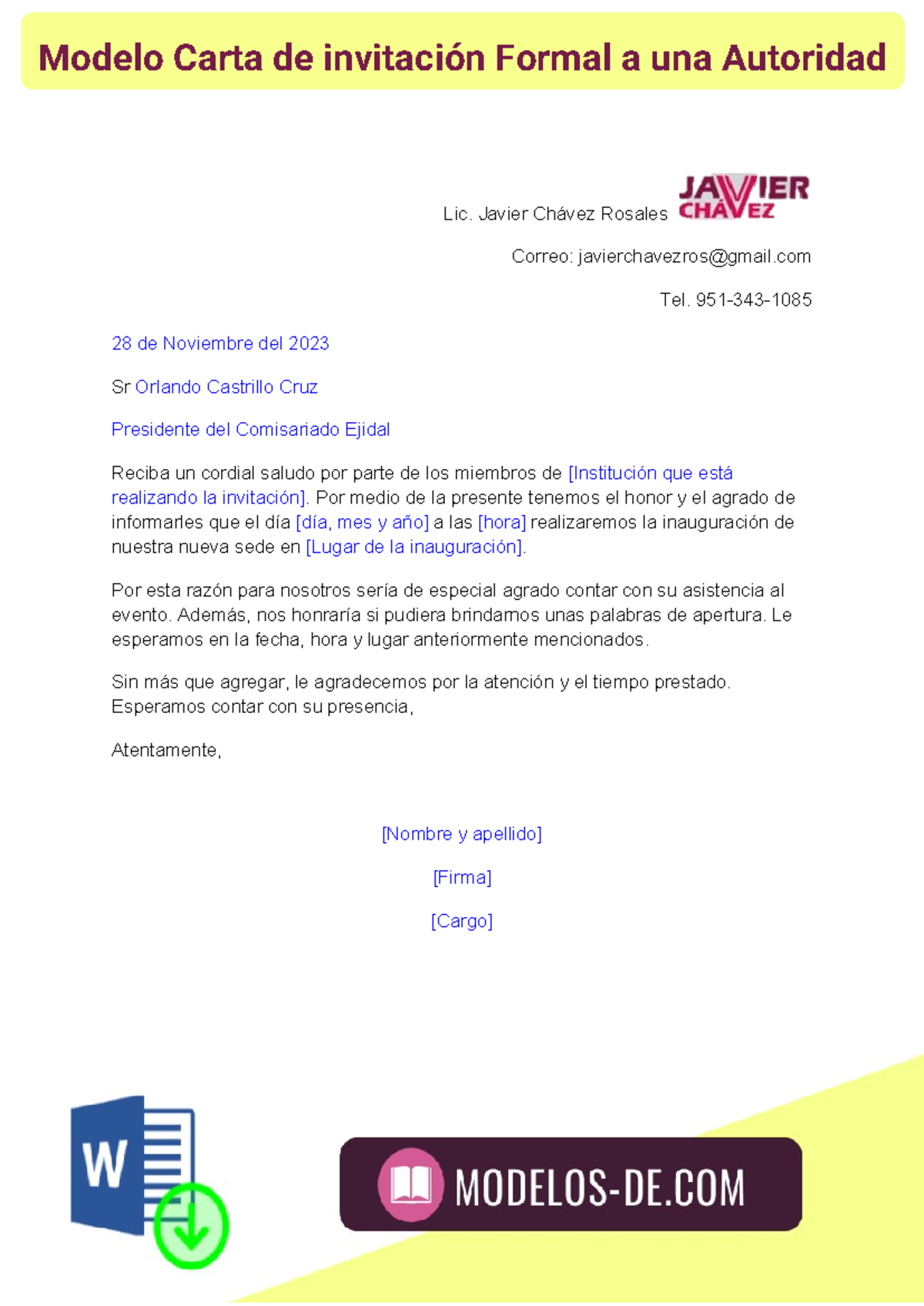 Modelo de Carta Formal de Invitación a Autoridad - Ejemplo - Studocu