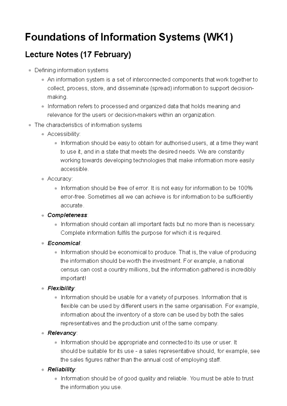 Foundations of Information Systems (WK1) Lecture Notes on Info Systems ...