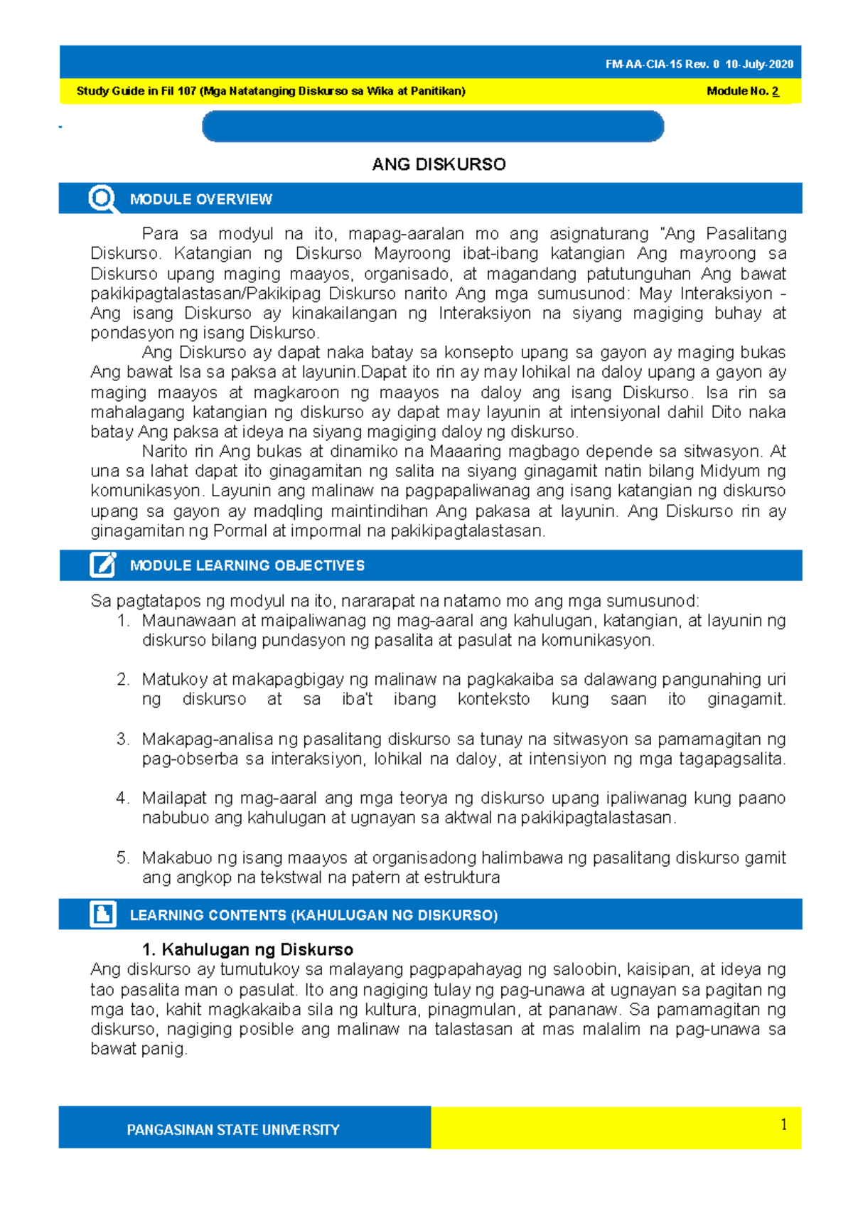 Rev. 0 Study Guide for Fil 107: Diskurso Module No. 2 - Studocu