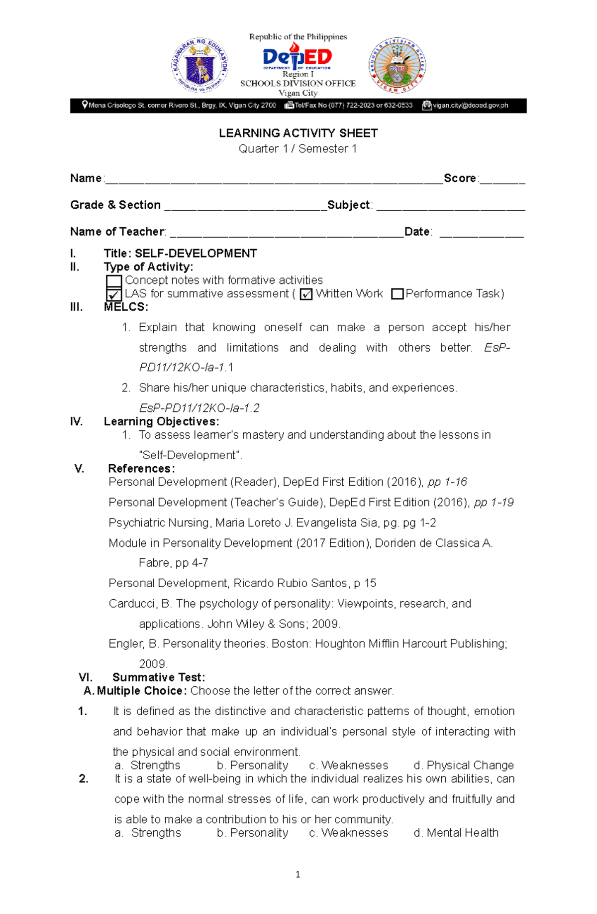 Perdev Q1WK1 Summative - LEARNING ACTIVITY SHEET Quarter 1 / Semester 1 Name - Studocu