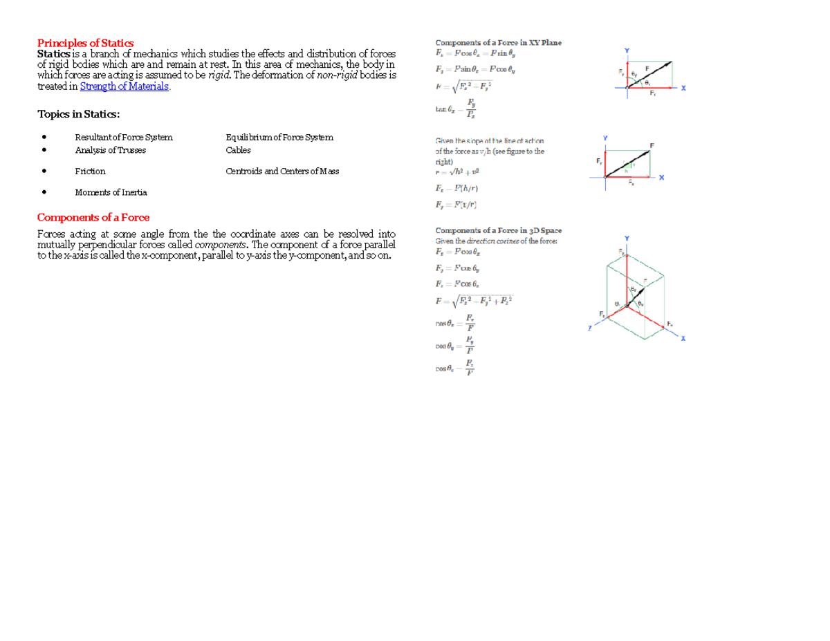 Mechanics - Statics Principles and Force Components Study Guide - Studocu