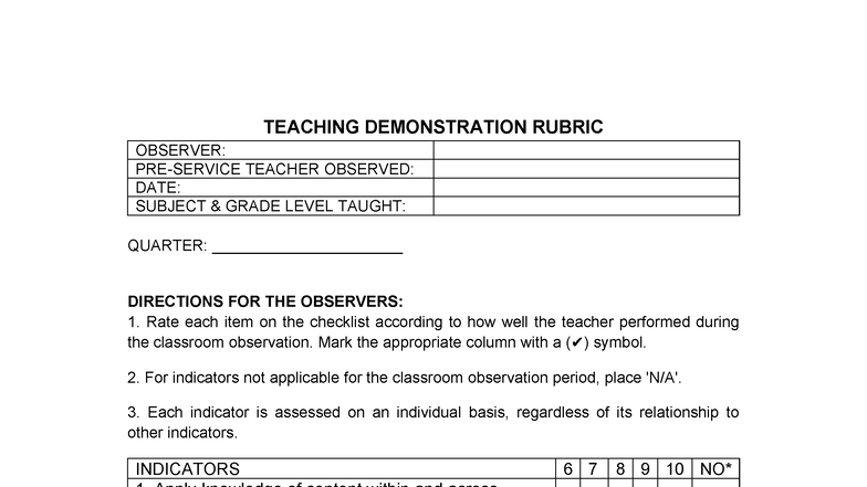 Teaching Demonstration Rubric for Classroom Observation - Studocu