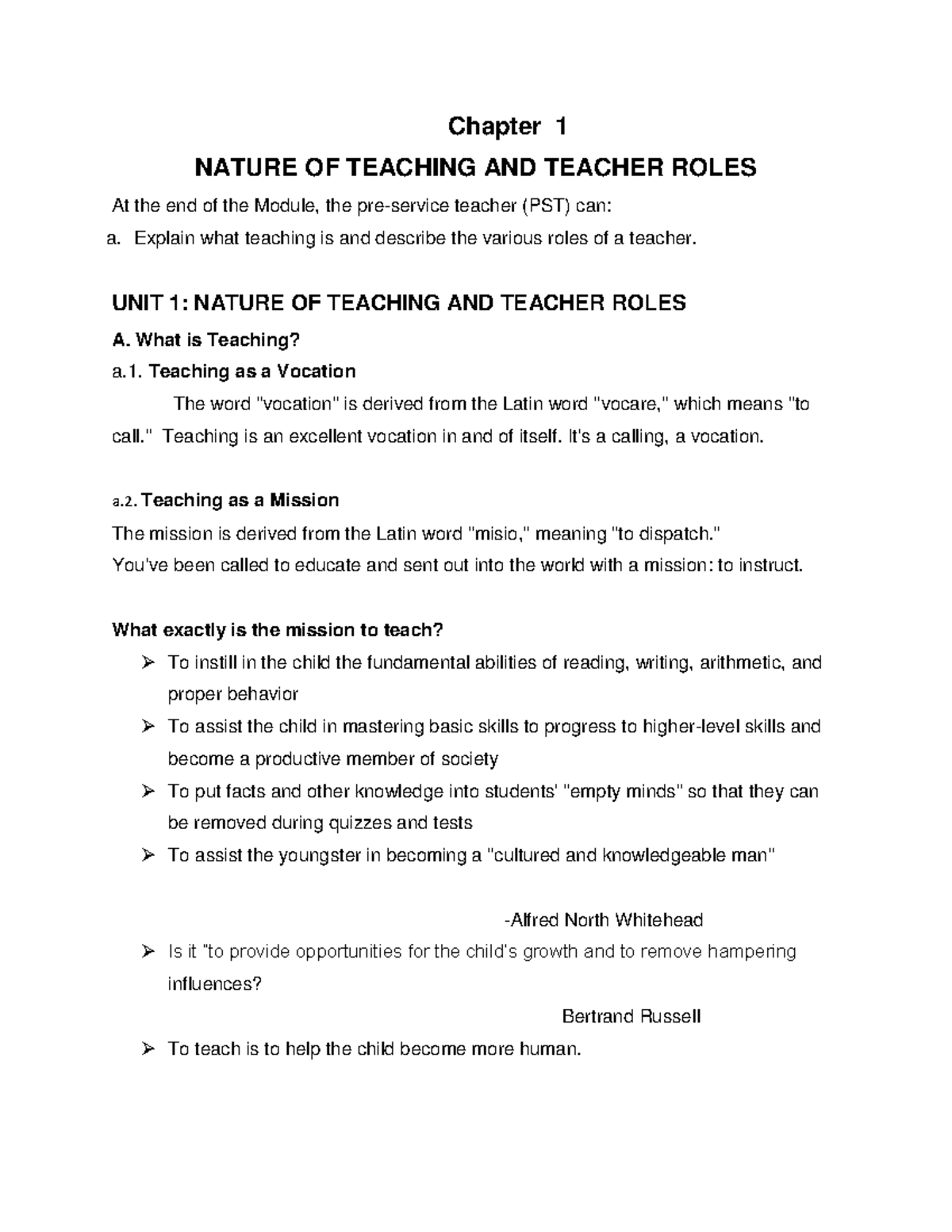 Module 1: Nature of Teaching and Teacher Roles Overview - Studocu