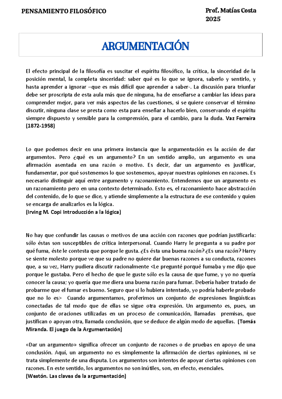 Ficha de Argumentación - PENSAMIENTO FILOSÓFICO - Prof. Matías Costa ...
