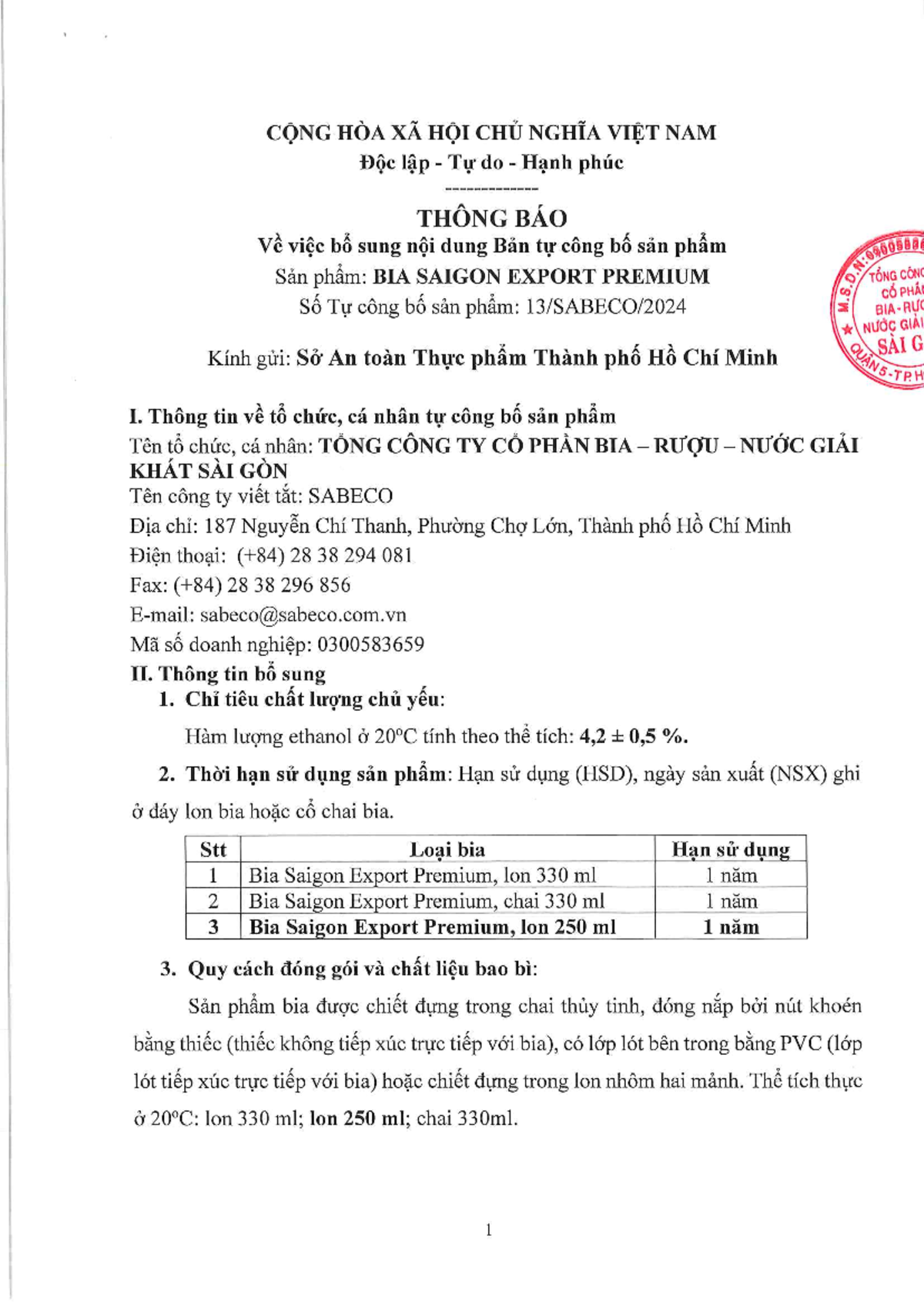 Thông Báo Bổ Sung Nội Dung Ban Tự Công Bố Sản Phẩm Bia Saigon Export ...
