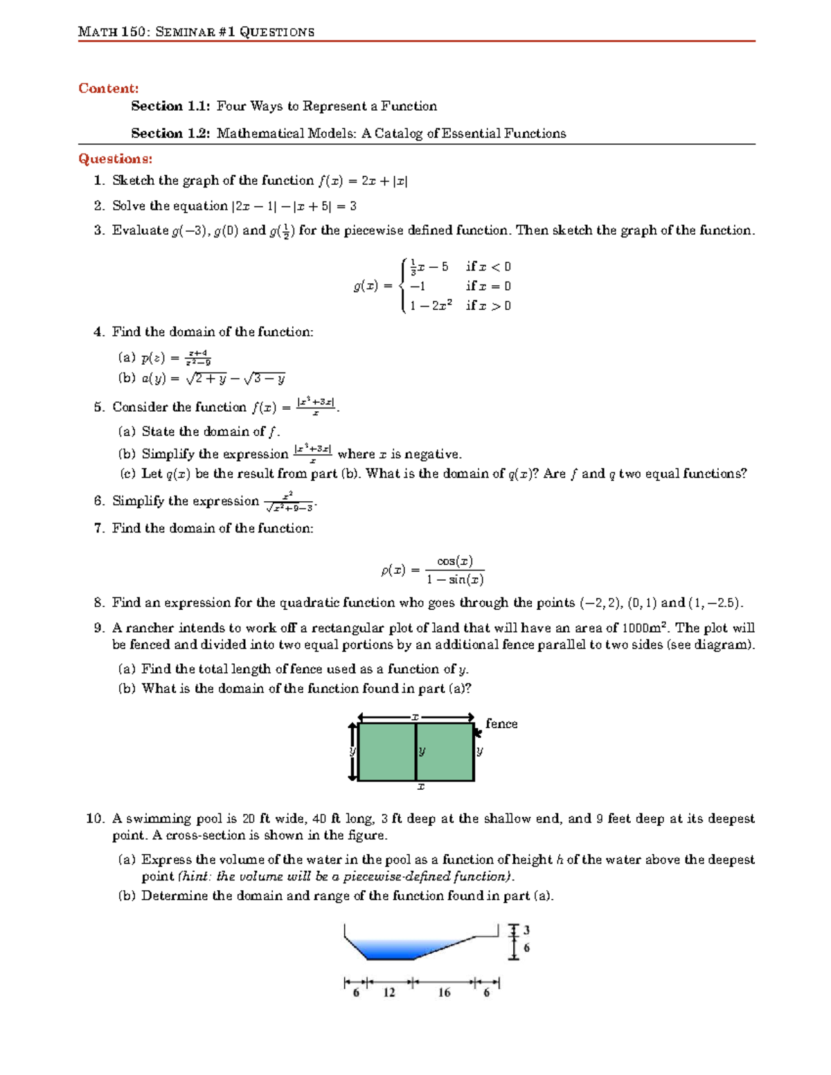 MATH 150: Seminar Questions on Function Representation and Models - Studocu