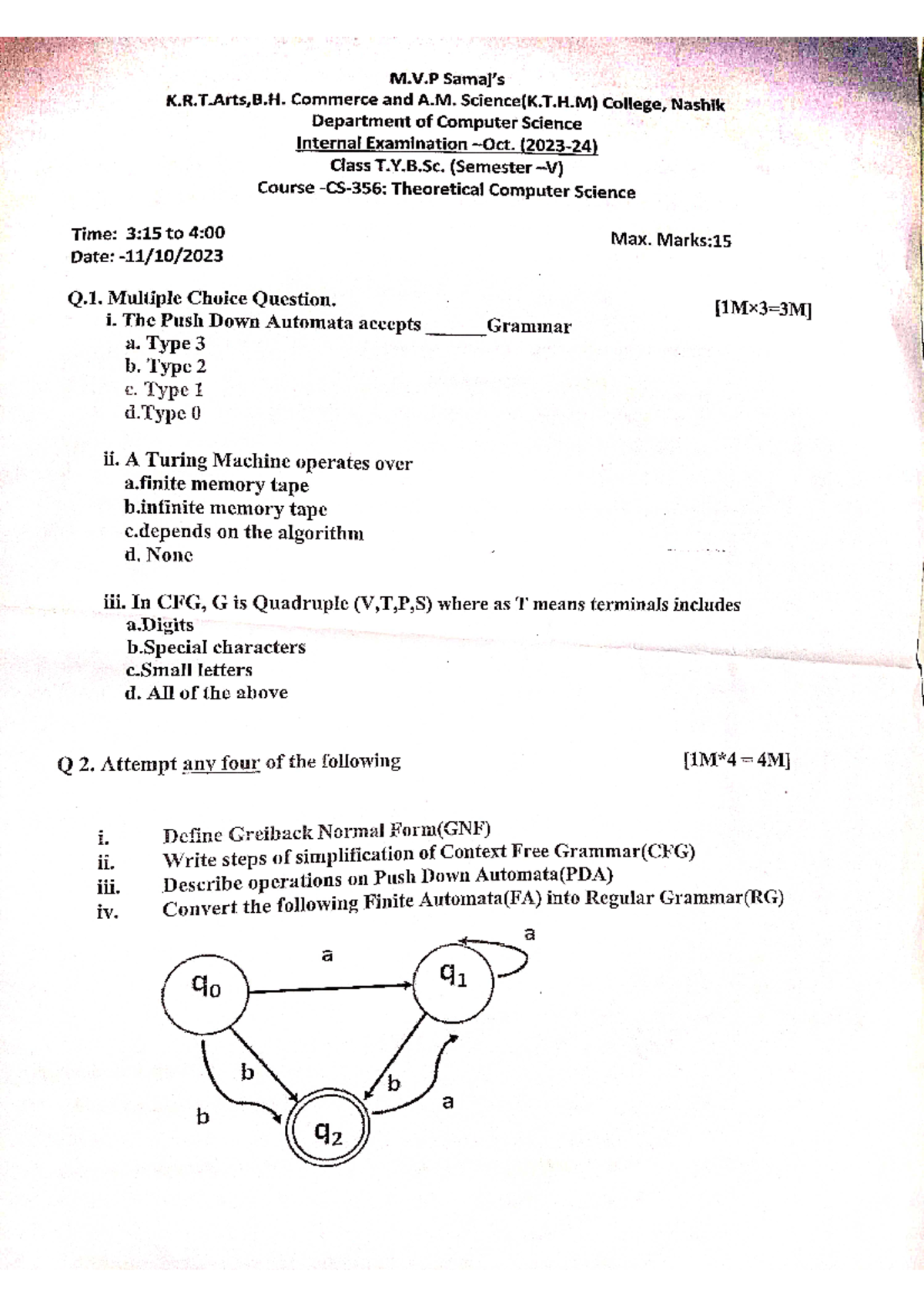 Internal Exam Questions for Computer Science Courses (T.Y.B./Semester V ...