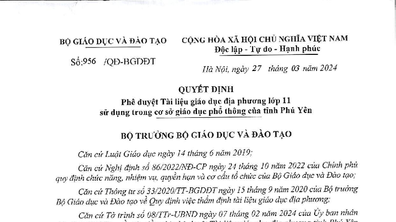 Phê duyệt Tài liệu Giáo dục Địa phương Lớp 11 - Phú Yên - Studocu